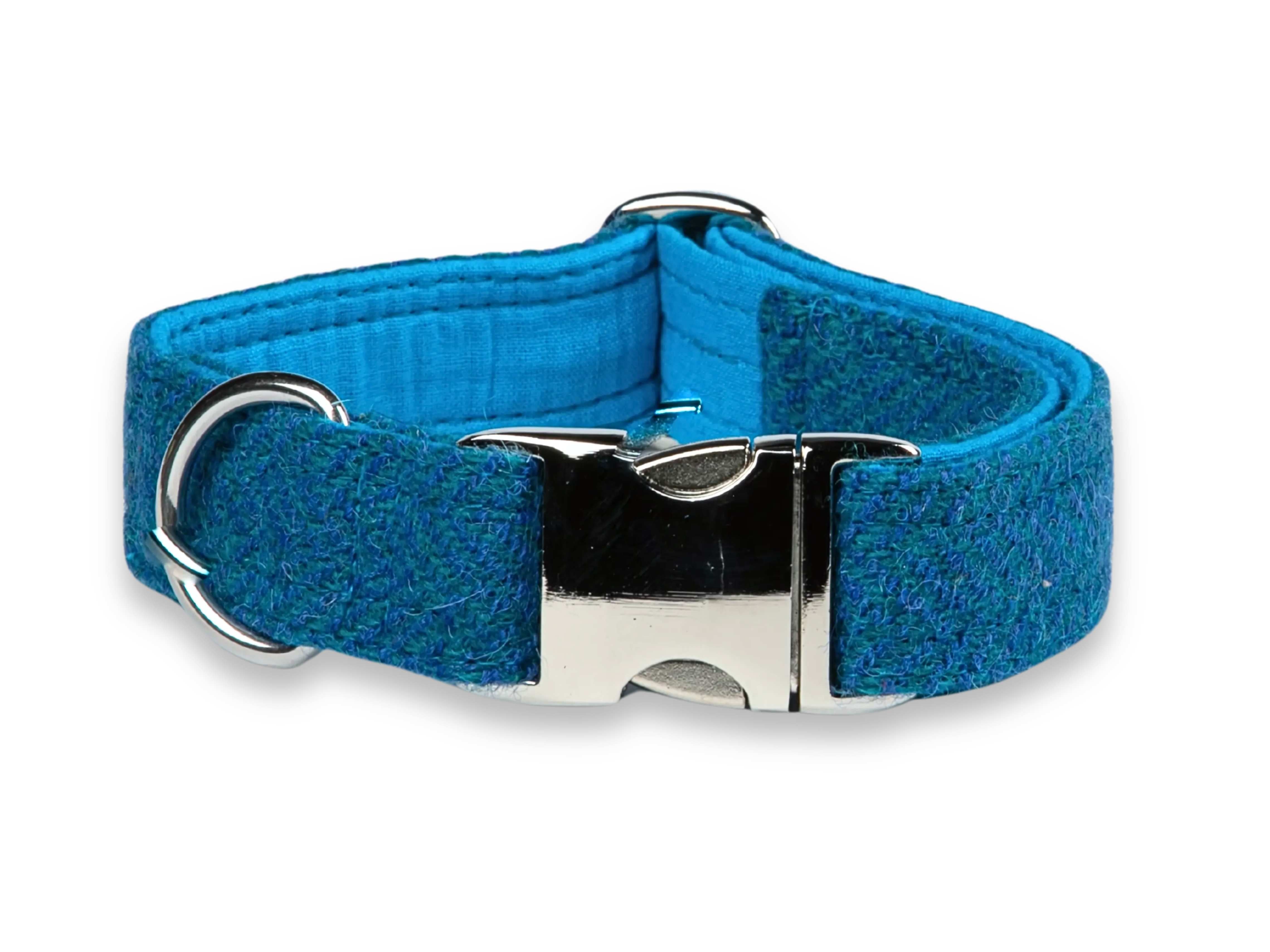 Teal Herringbone Dog Collar - Personalised Wide Metal Clasp Collar ...